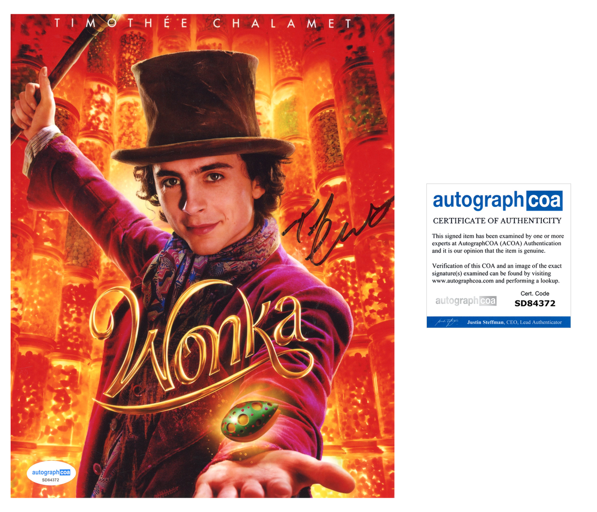 Timothee Chalamet Wonka Signed Autograph 8x10 Photo ACOA | Outlaw ...